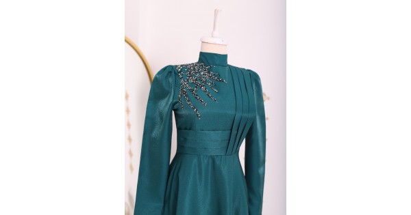 Judge Collar Front Stone Detailed Satin Evening Dress