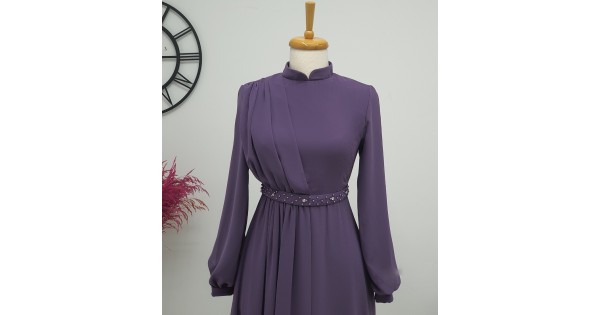 Belt Embellished Judge Collar Long Chiffon Dress