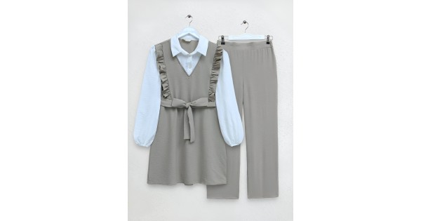 Frilly Front Belt Pieced Fabric Ayrobin Suit