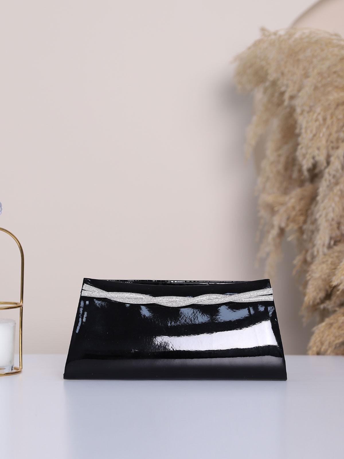 Chain Strap Stone Detailed Snap Fastener Patent Leather Evening Bag