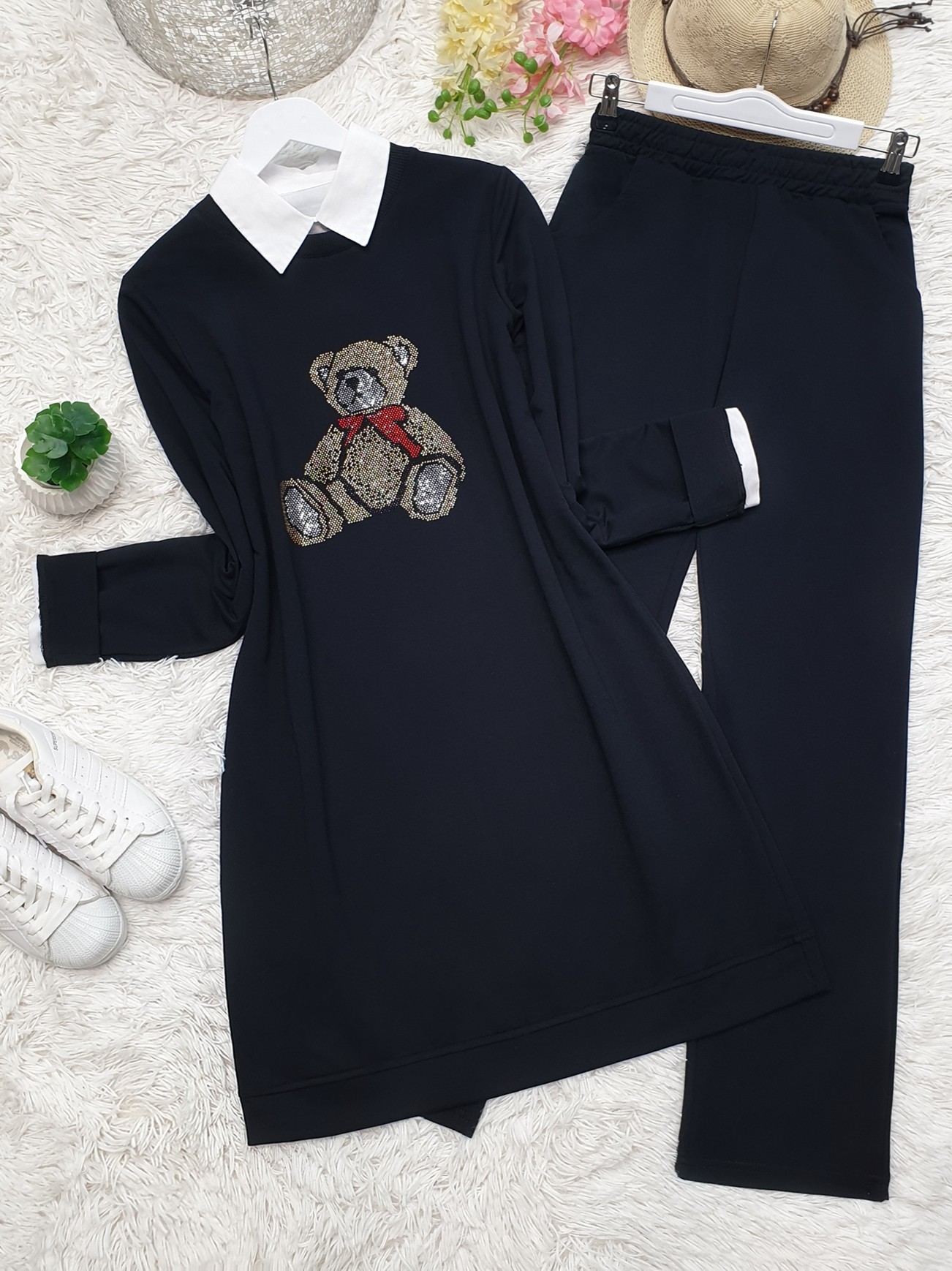 woman black teddy bear suits model